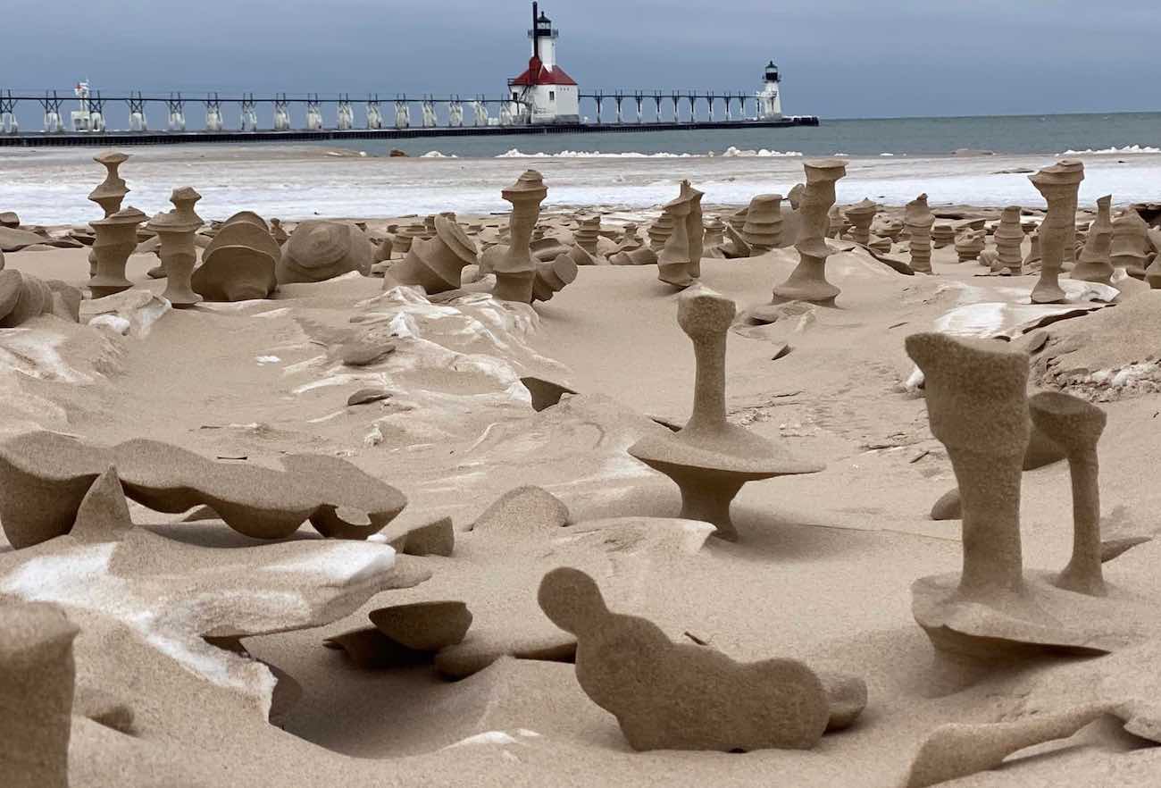 Alien-Like Sculptures Sliced By Ice and Winds on Lake Michigan Beach – LOOK