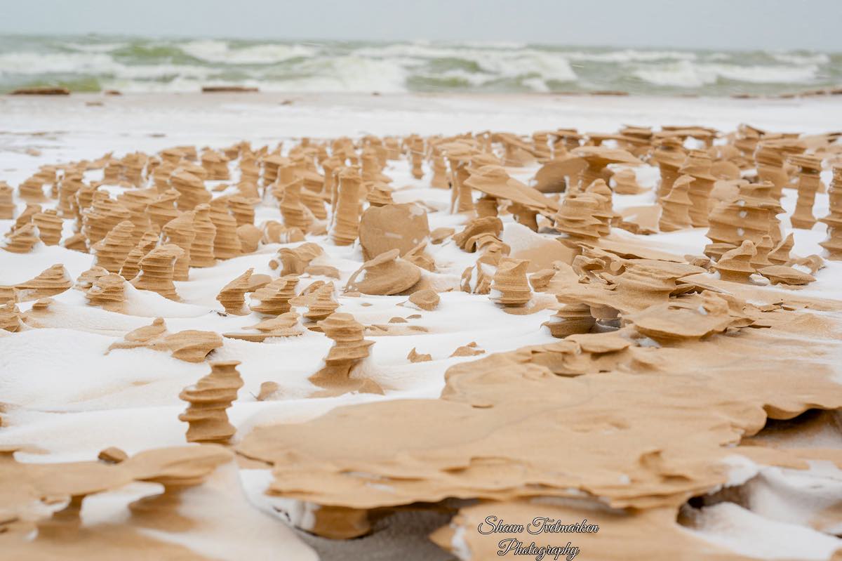 Alien-Like Sculptures Sliced By Ice and Winds on Lake Michigan Beach – LOOK